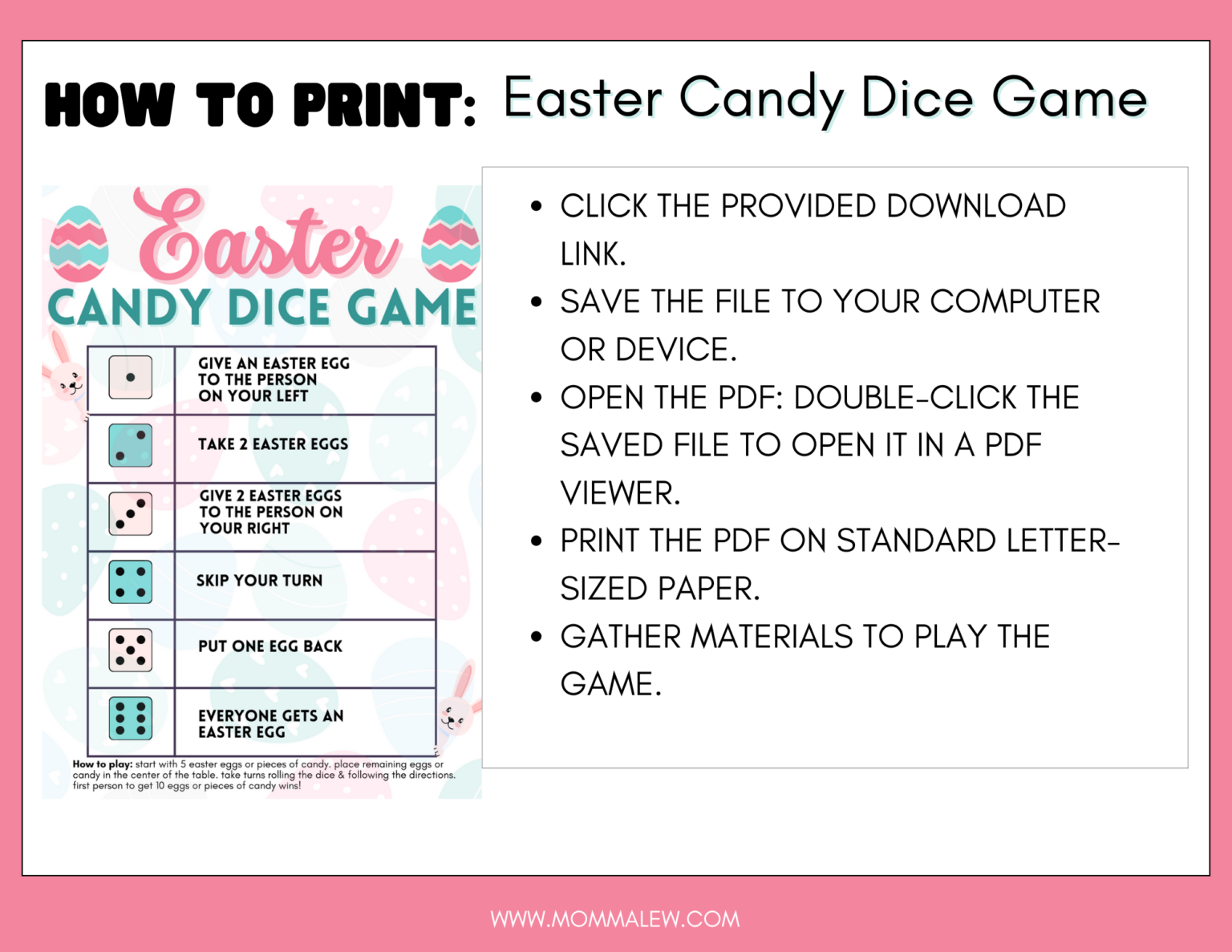 Easter Candy Dice Game Printable – Fun Easter Party Game for Kids ...